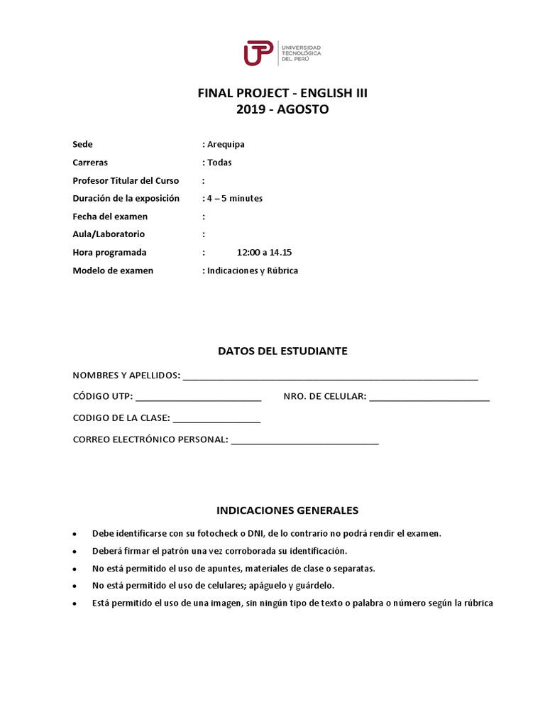 Plantilla Carátula Examen UTP | PDF
