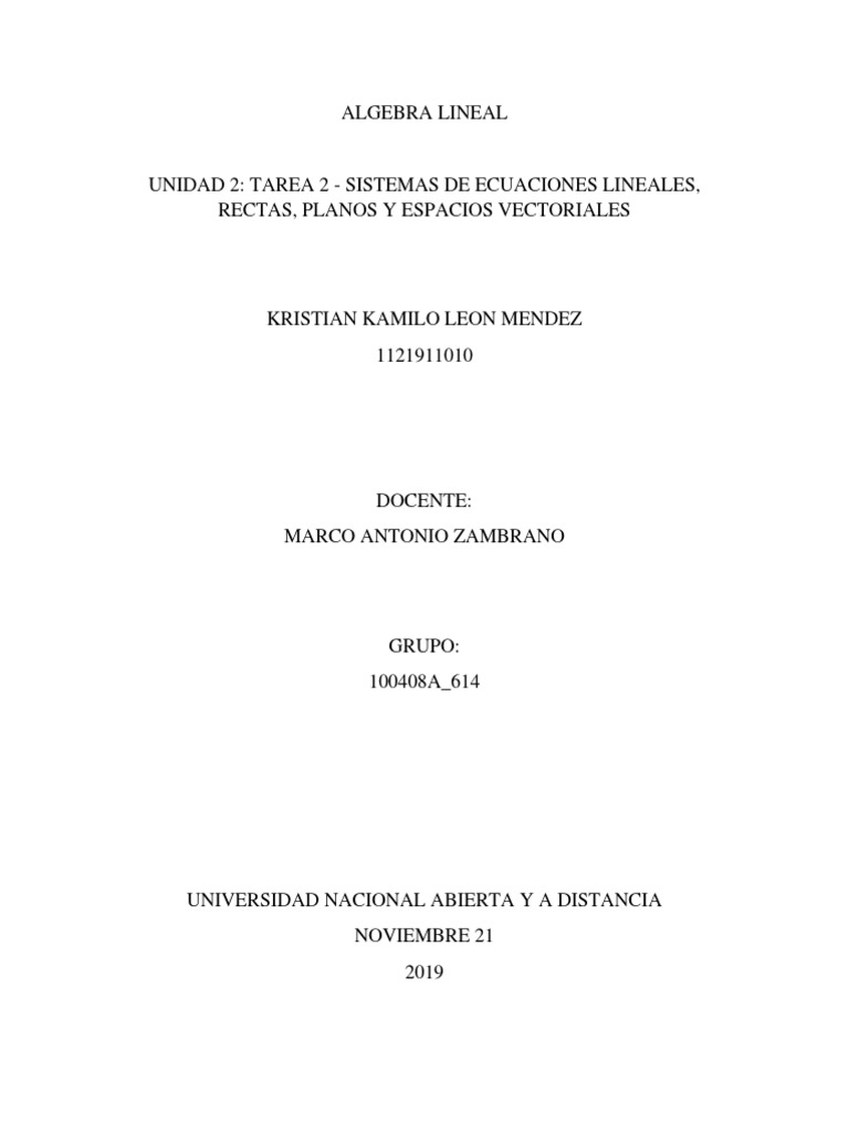 Algebra Lineal Unidad 2 - Tarea 2 | PDF | Sistema de ecuaciones lineales | Geometria plana)