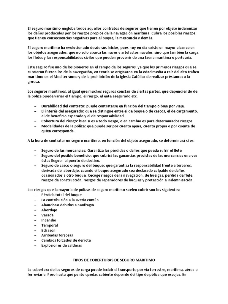 Cobertura y Tipos de Seguro Marítimo | PDF | Póliza de seguros | Seguro
