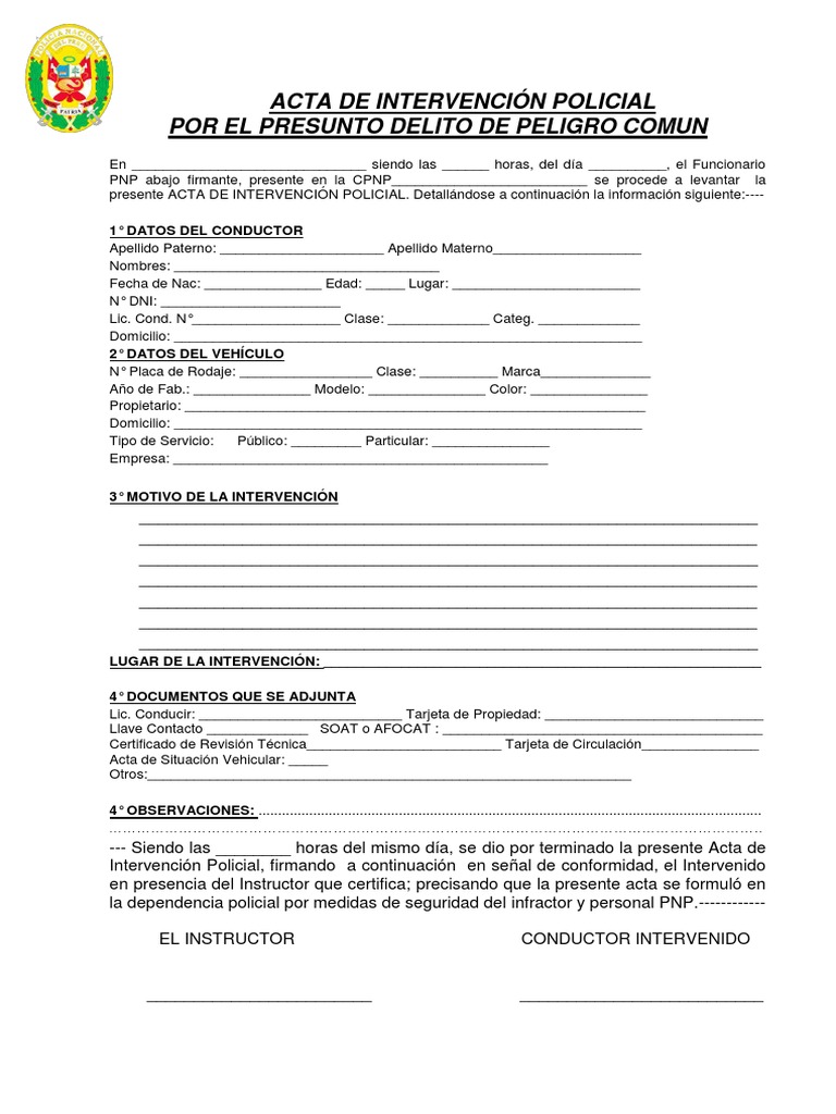 Modelo Acta de Intervencion Peligro Comun PNP | PDF | Thriller y crimen | Business