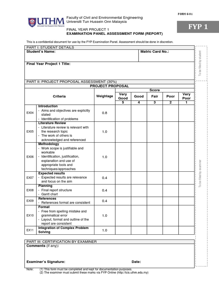 Form G 01 - Examination Panel Assessment Form Fyp 1 Report 130519 | PDF ...