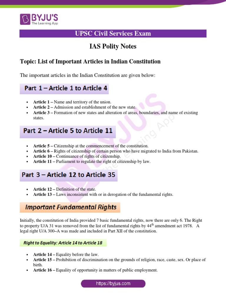 Key Articles of Indian Constitution | PDF | Supreme Court Of India ...