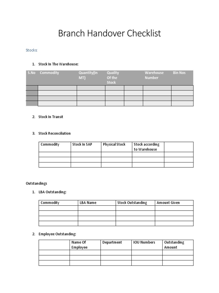 Branch Handover Checklist | PDF | Commodity | Logistics