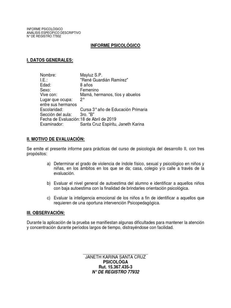 Modelo Informe Psicológico | PDF | Sicología | Neurociencia