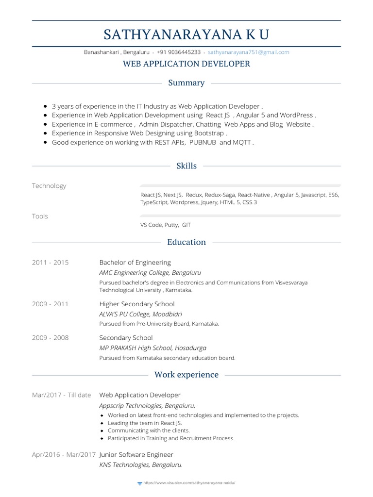ReactJs Developer Resume Sathyanarayana 3years Exp | PDF | Bootstrap ...