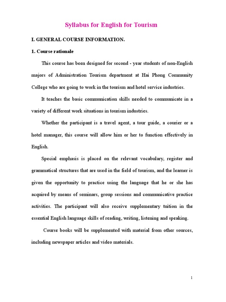 Syllabus For English For Tourism | PDF | Travel Agency | Tourism