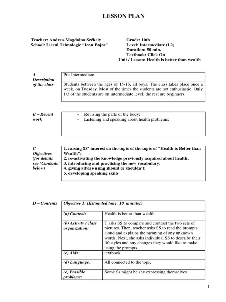 Health is Better than Wealth Lesson Plan | PDF | Psycholinguistics ...