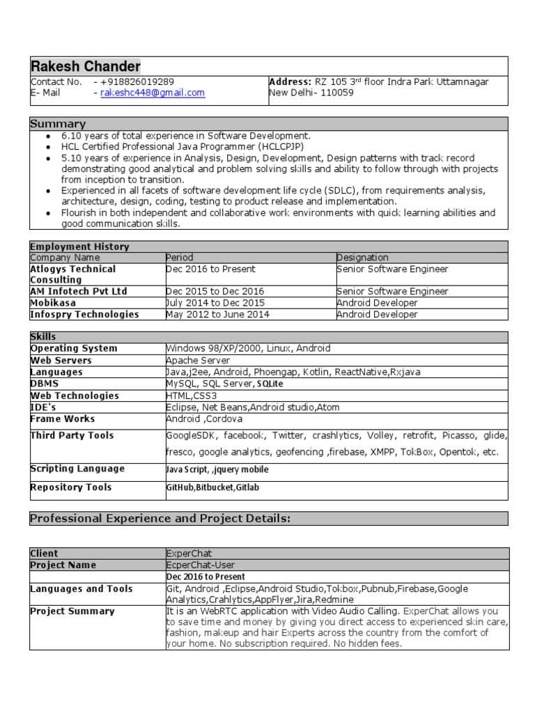Rakesh Chander CV 4 | PDF | Eclipse (Software) | Android (Operating System)