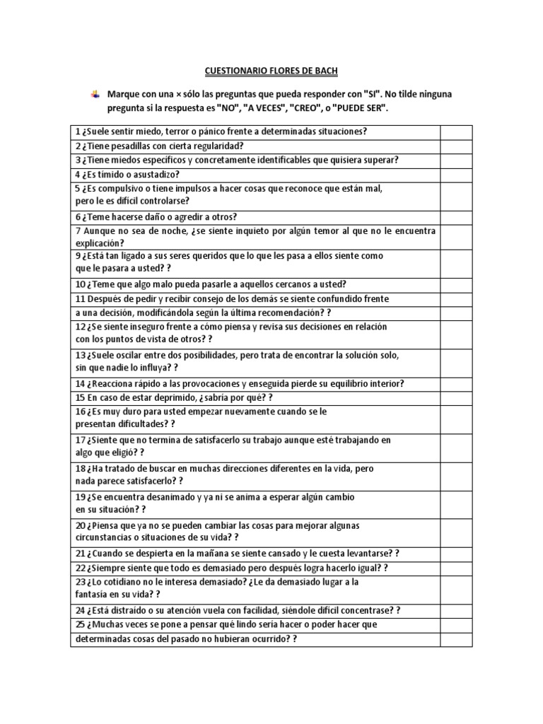 Cuestionario Flores de Bach | PDF | Temor | Sicología