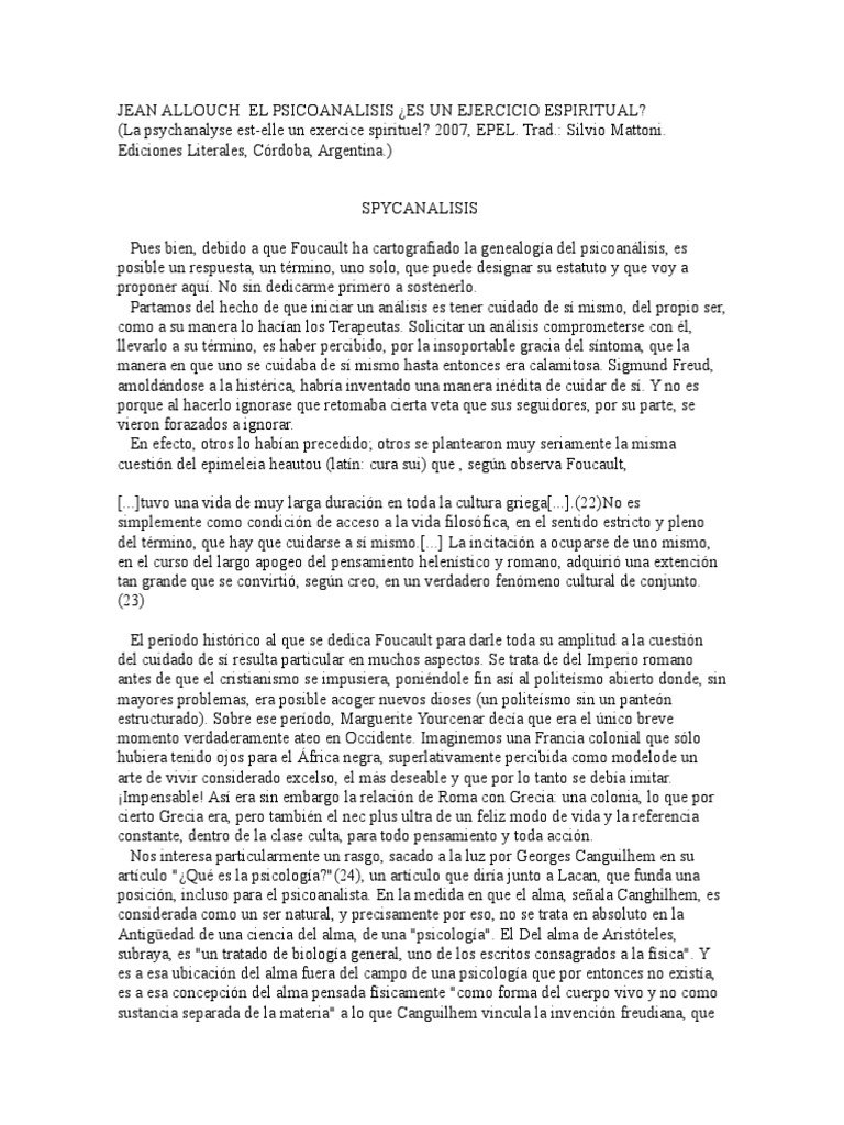 Jean Allouch El Psicoanalisis Como Ejerccio Espiritual | PDF | Psicoanálisis | Michel Foucault