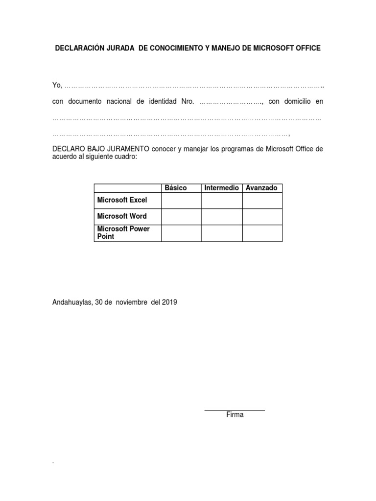 Declaracion Jurada Conocimiento Manejo Microsoft Office | PDF | Finanzas y dinero