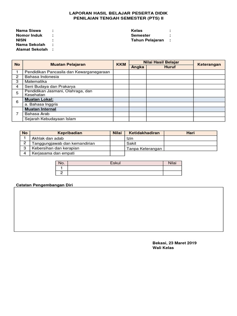 Format Rapot Pts 2018 Sdit | PDF