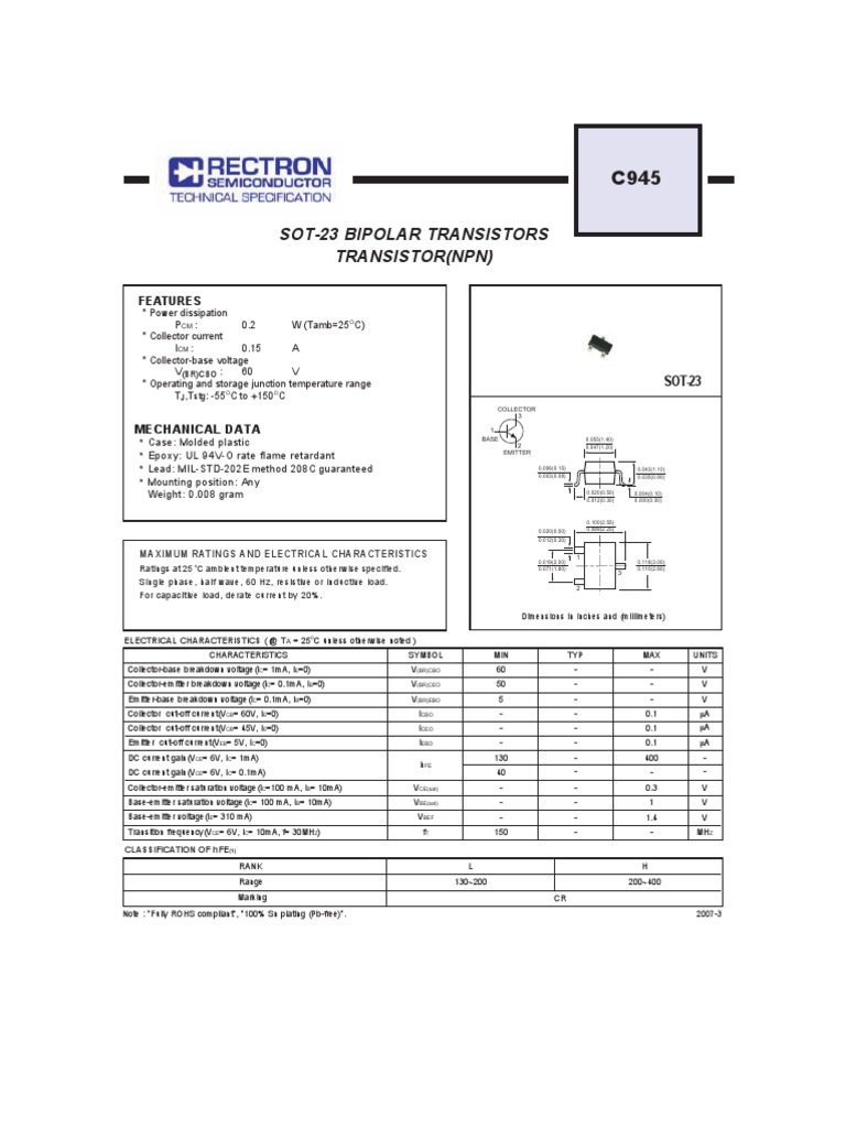 c945 Data Sheet | PDF | Bipolar Junction Transistor | Electrical Engineering