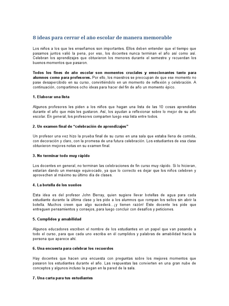 8 Ideas para Cerrar El Año Escolar de Manera Memorable | PDF | Prueba ...