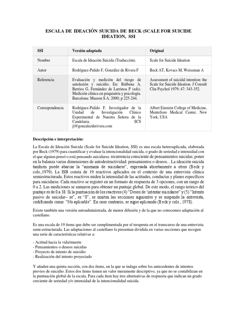 Escala de Ideación Suicida de Beck 2019 | PDF | Suicidio | Conceptos ...