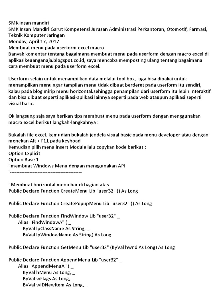 Menu Interaktif di Userform Excel | PDF