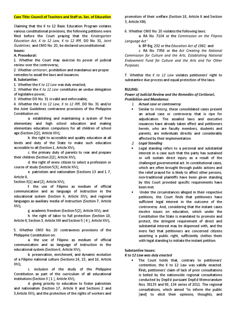 K12 Case Digest | PDF | Standing (Law) | Curriculum