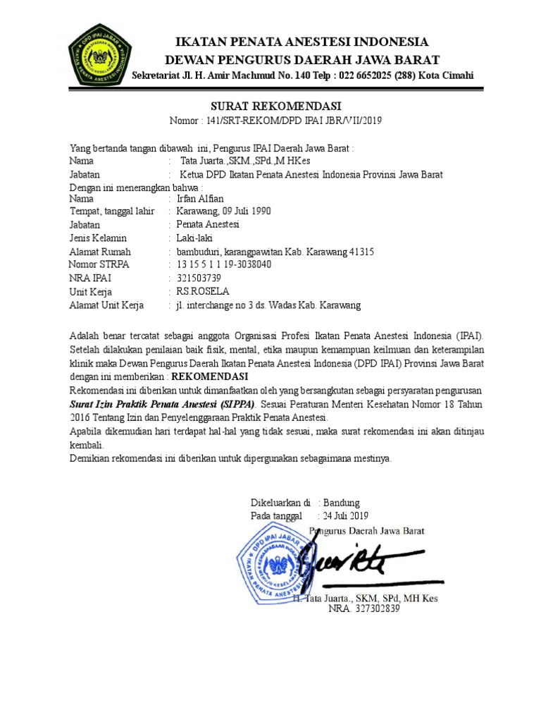 Surat Rekom Sippa Irfan Alfian | PDF