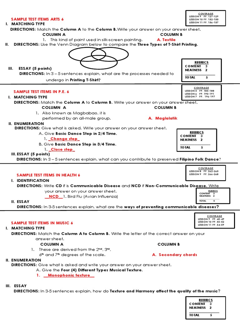 Sample Test Mapeh 6 | PDF