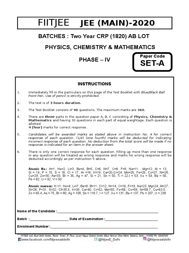 Fiitjee Jee Main Paper | PDF | Rotation Around A Fixed Axis | Capacitor