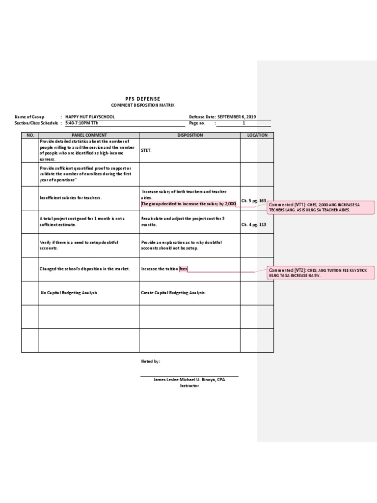Comment Disposition Matrix | PDF | Economies | Business