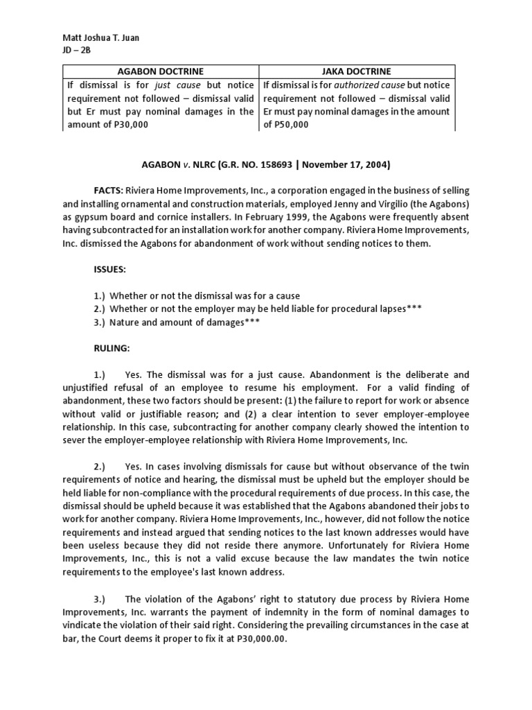 Agabon and JAKA Doctrines | PDF | Private Law | Employment