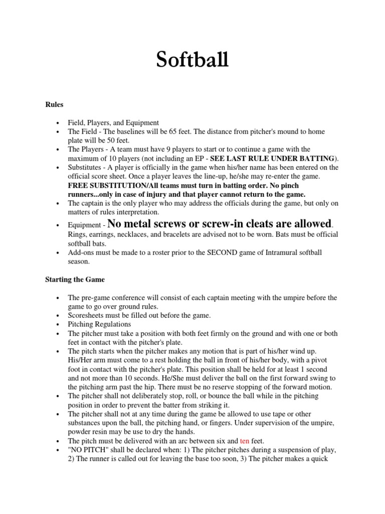 Softball Rules Summary | PDF | Softball | Baseball Field