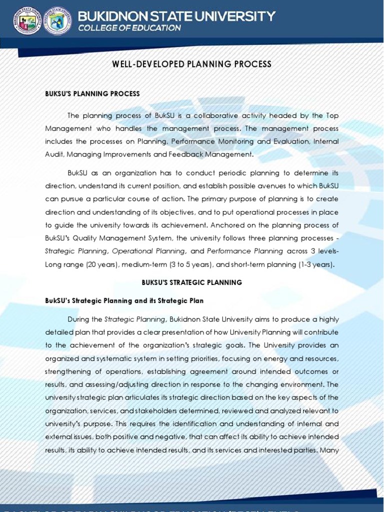 BukSU Strategic Planning Overview | PDF | Strategic Planning | Iso 9000
