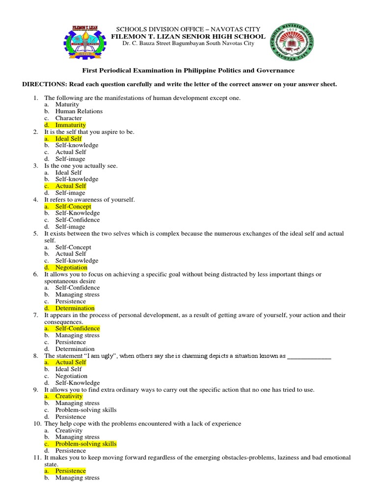 Grade 12 Personal Development Exam | PDF | Childhood | Adolescence