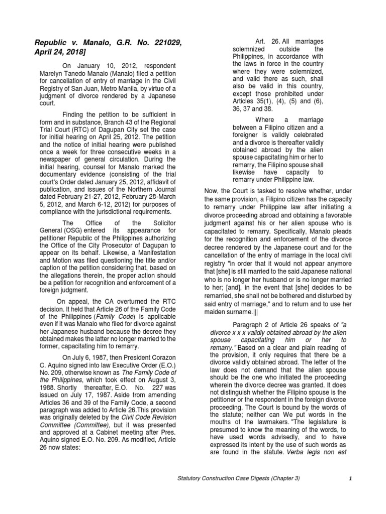 Statcon-Case Digest Chap 3 | PDF | Divorce | Statutory Interpretation