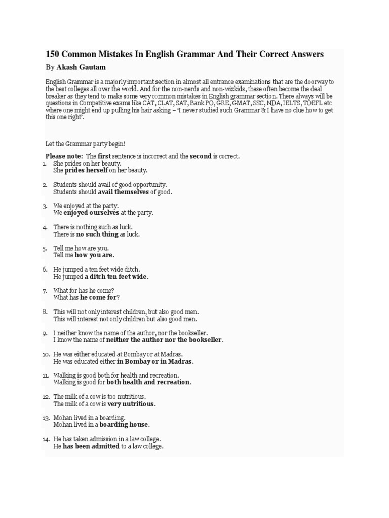 150 Common Mistakes in English Grammar and Their Correct Answers | PDF