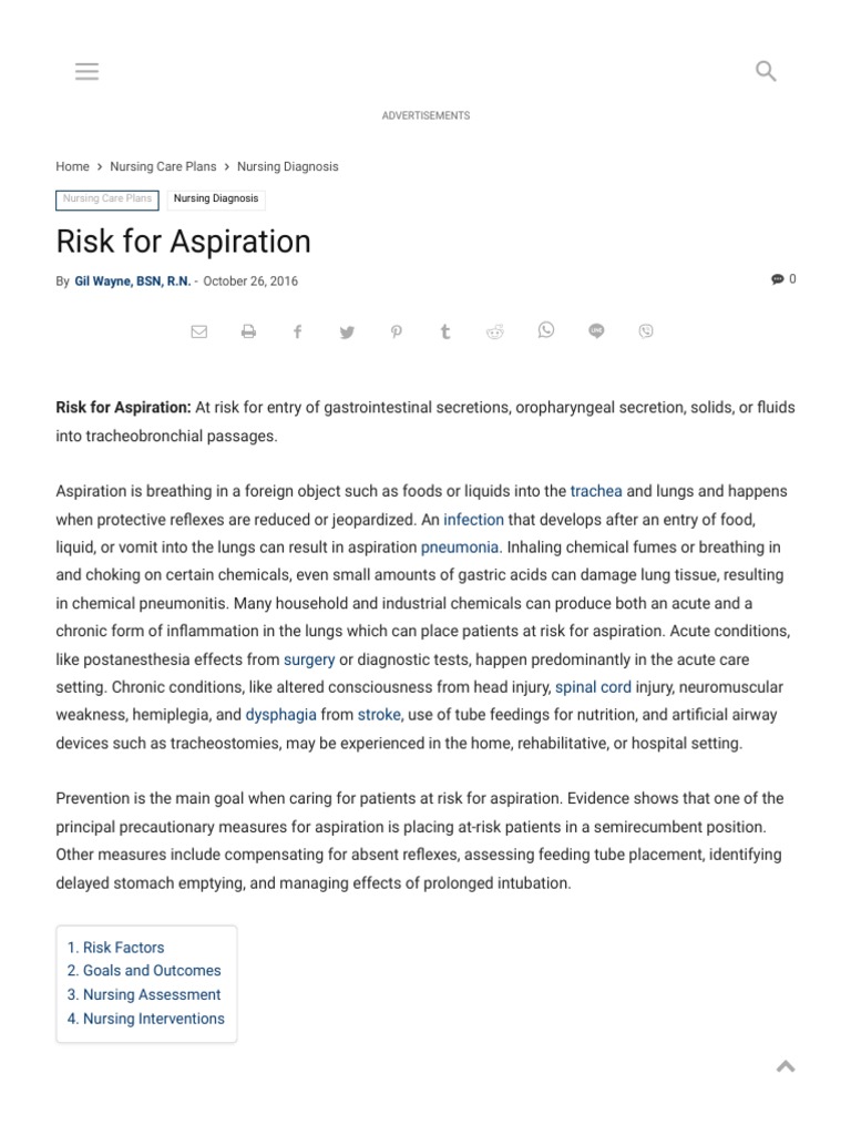 Risk For Aspiration | PDF | Health Care | Diseases And Disorders