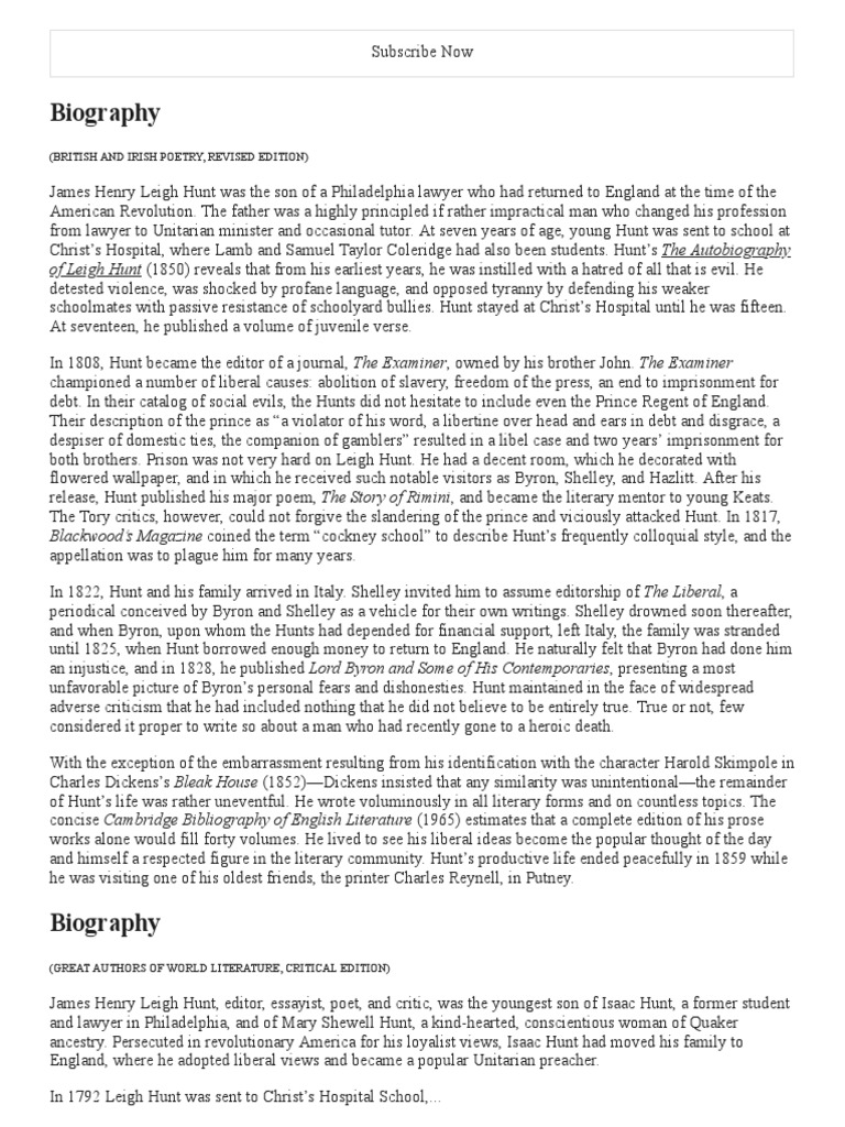 Leigh Hunt Bio | PDF | Poetry