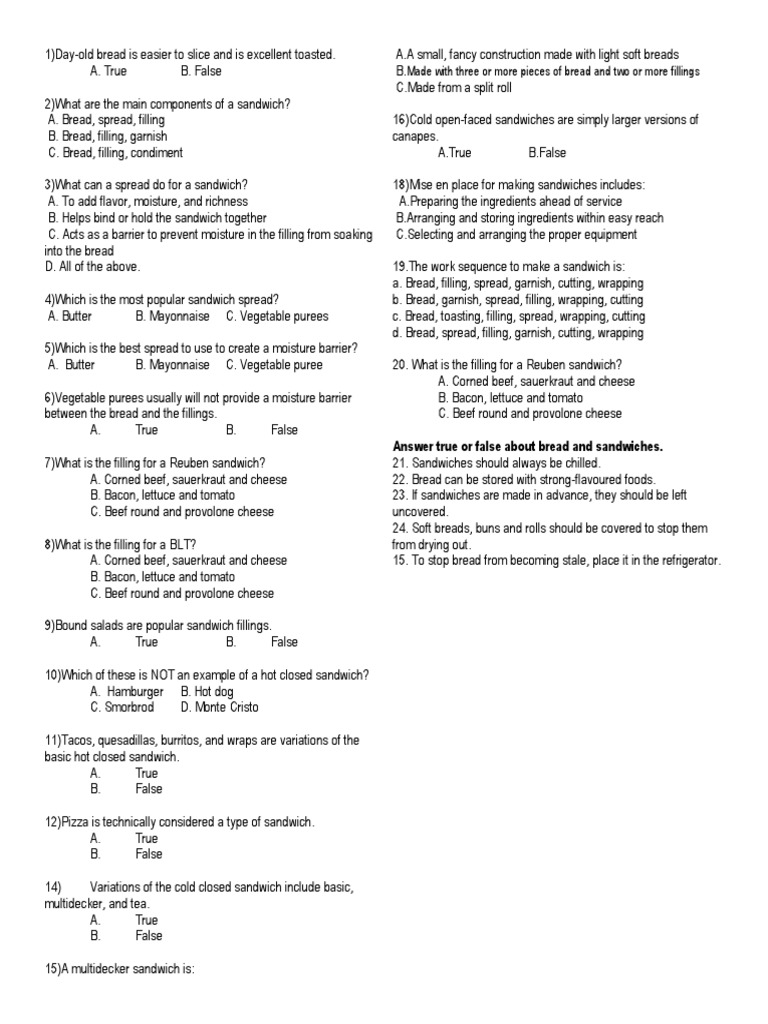 Review Questions On Sandwiches Edited 2019 | PDF | Sandwich | Fast Food