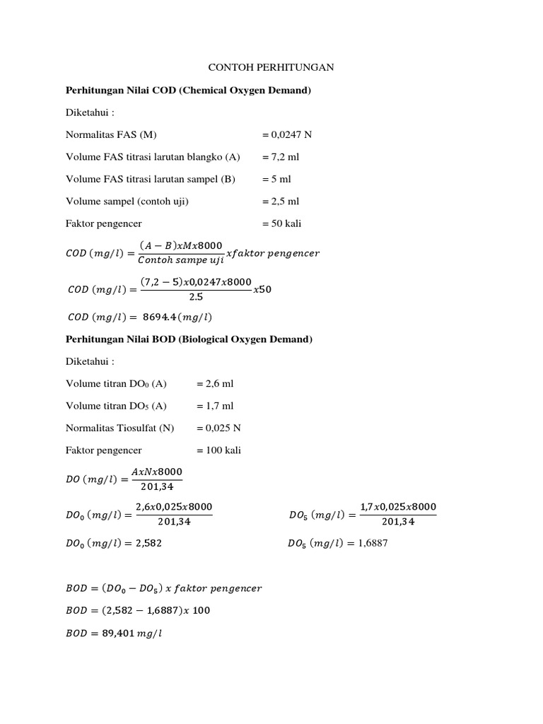 BOD and COD Calculation Examples | PDF | Teaching Methods & Materials