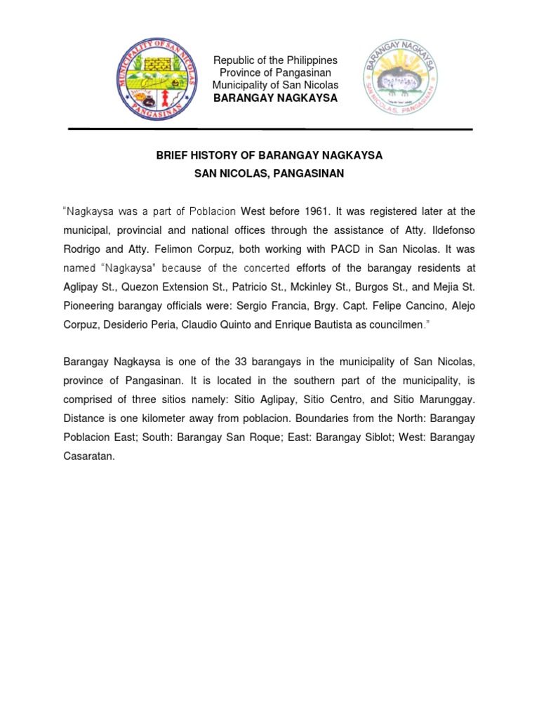 Brief History of Barangay Nagkaysa | PDF | Drinking Water | Nature