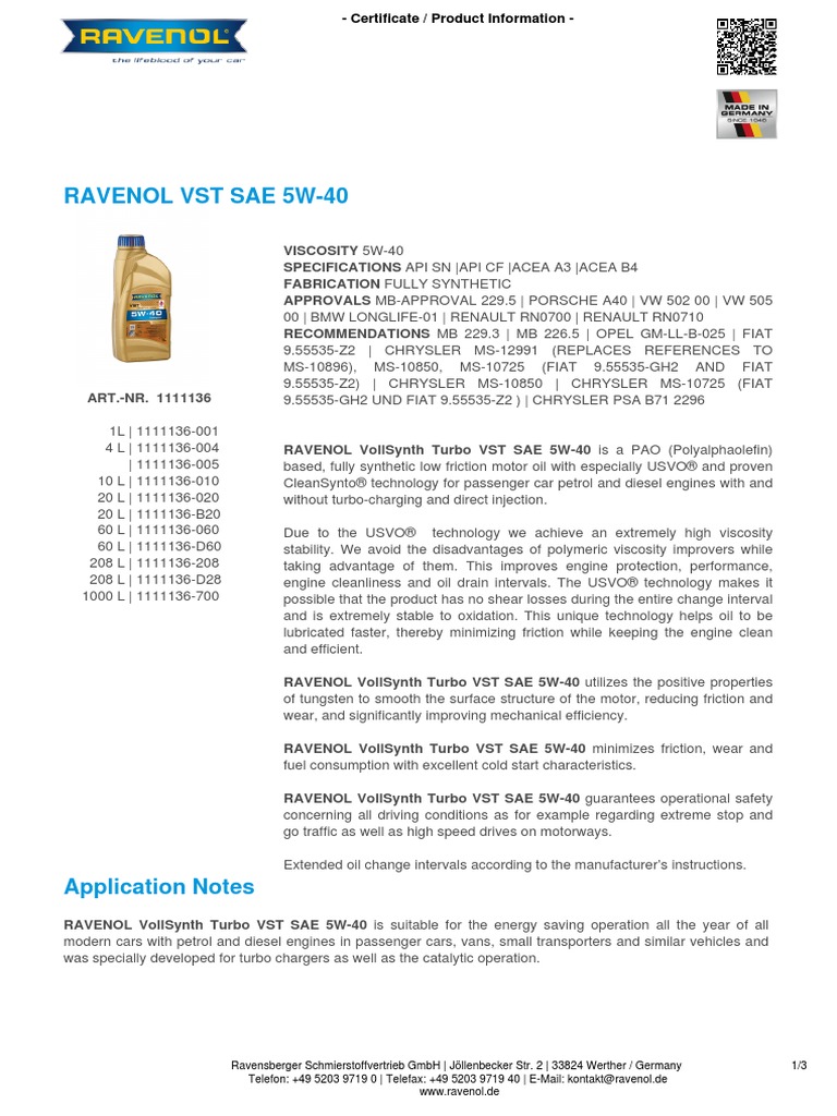Ravenol | Download Free PDF | Motor Oil | Vehicles