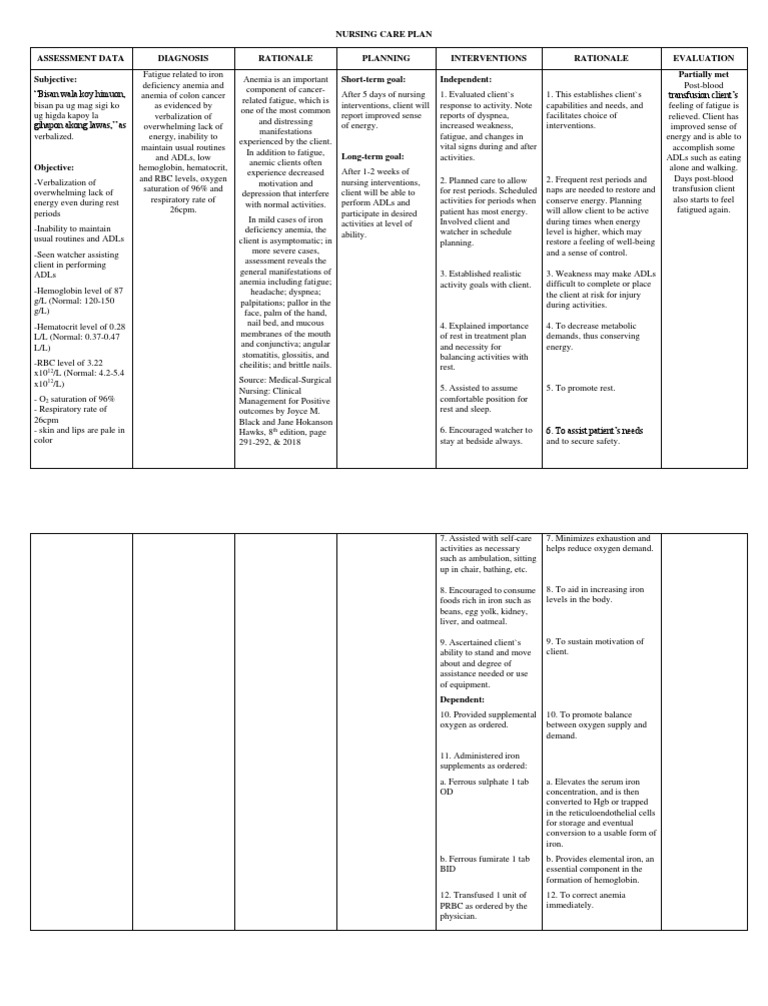 Fatigue NCP | PDF | Anemia | Medicine