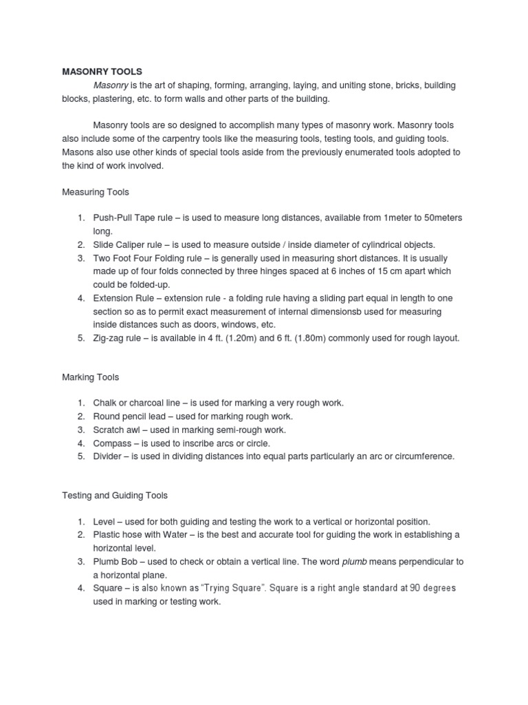 Masonry Tools | PDF | Masonry | Hammer