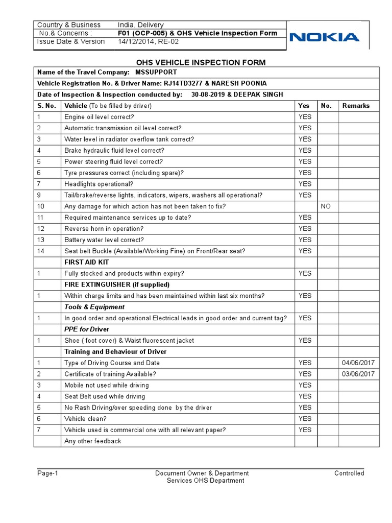 F01 (OCP-005) & OHS Vehicle Inspection Form | PDF | Vehicles | Driving