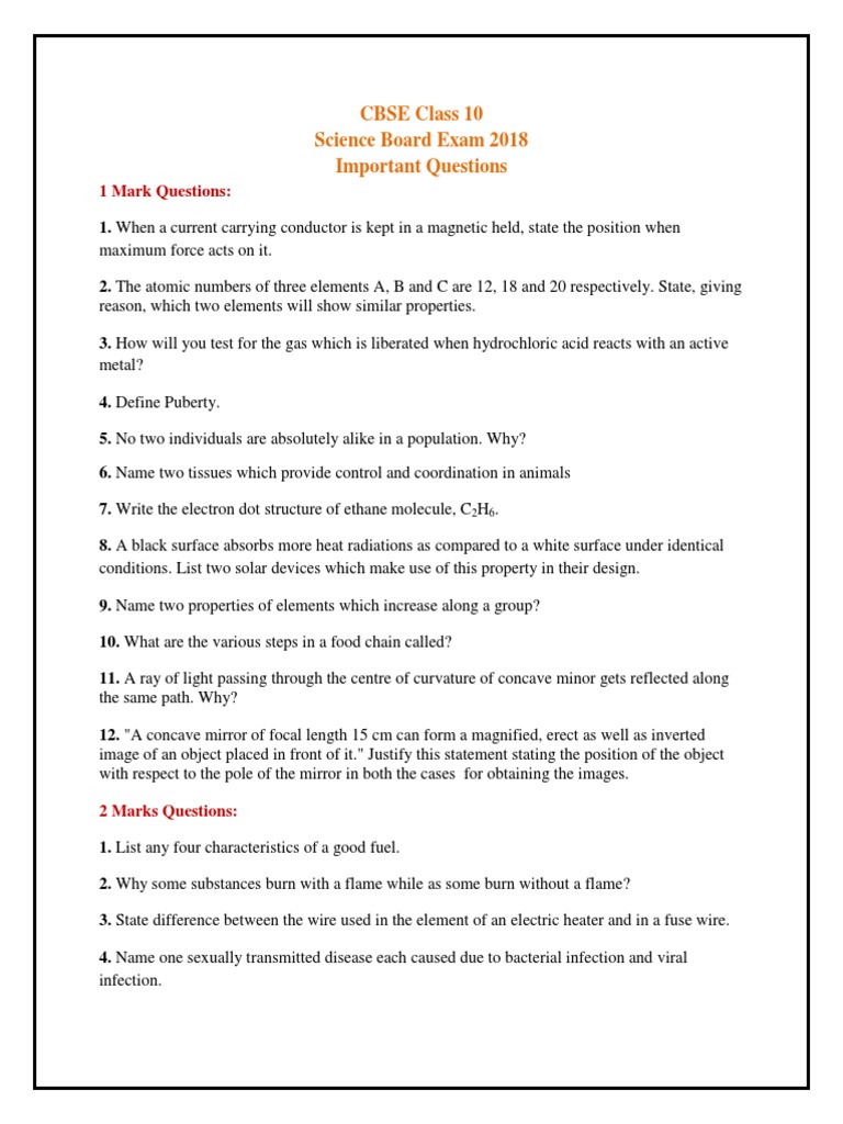 Cbse Class 10 Science Board Exam Important Questions | PDF | Series And ...