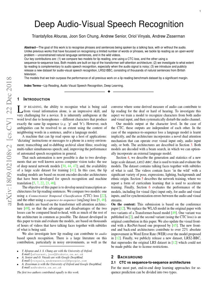 Deep Audio-Visual Speech Recognition | PDF | Speech Recognition | Deep Learning