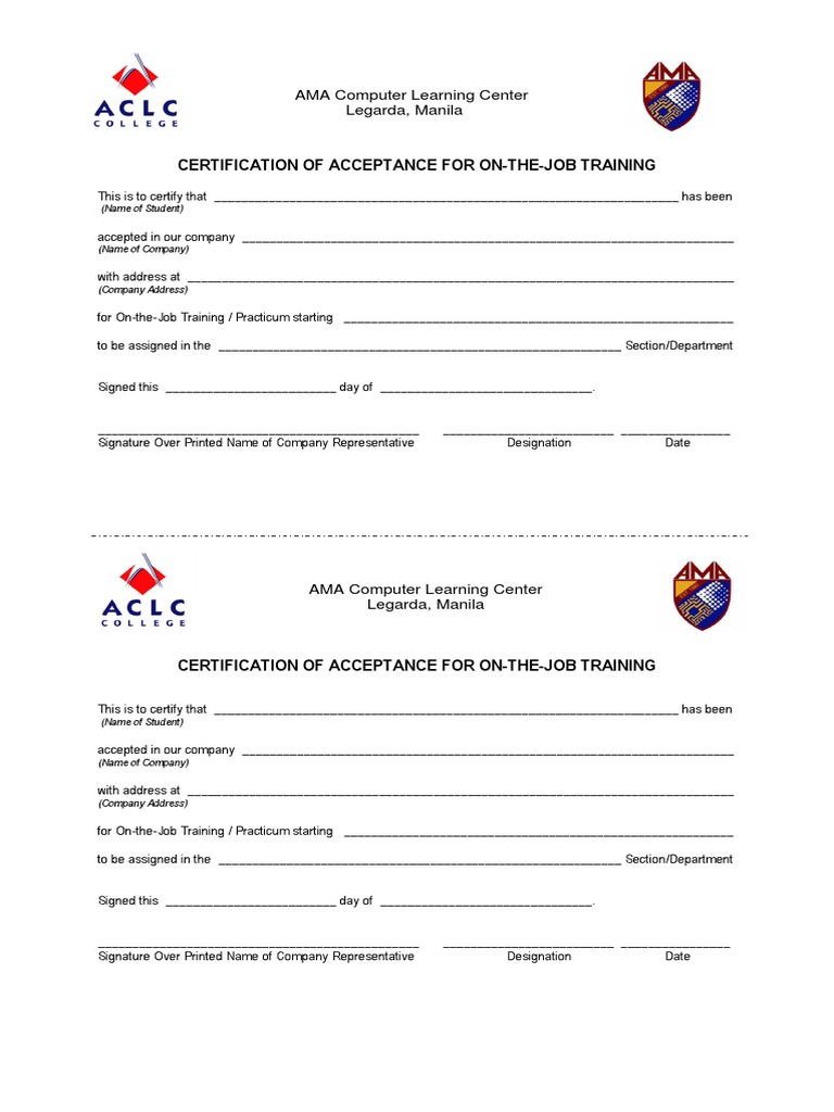 Certification of Acceptance For OJT | PDF