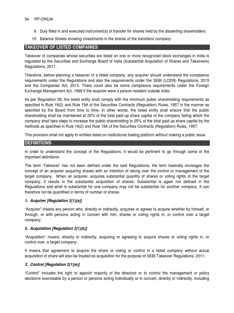 SEBI Takeover Code - Updated | PDF | Takeover | Stocks