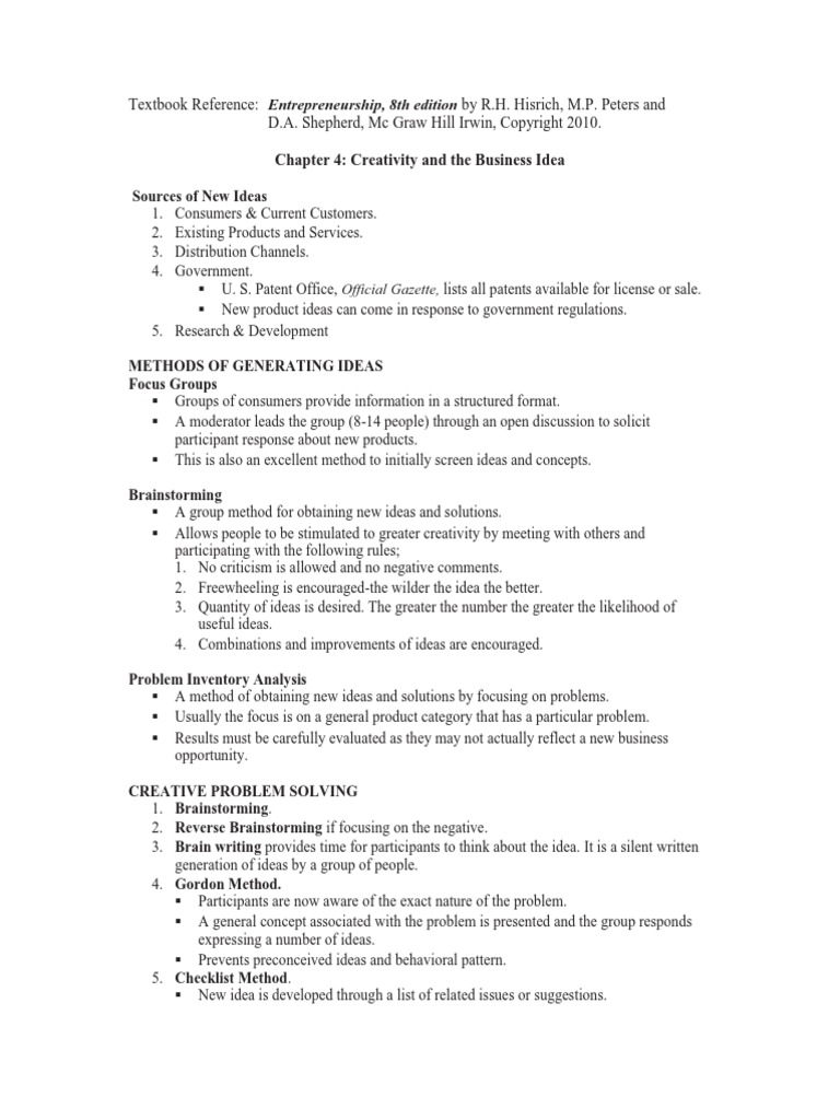 Entrepreneurship Chapter 4 Creativity and The Business Idea PDF | PDF ...