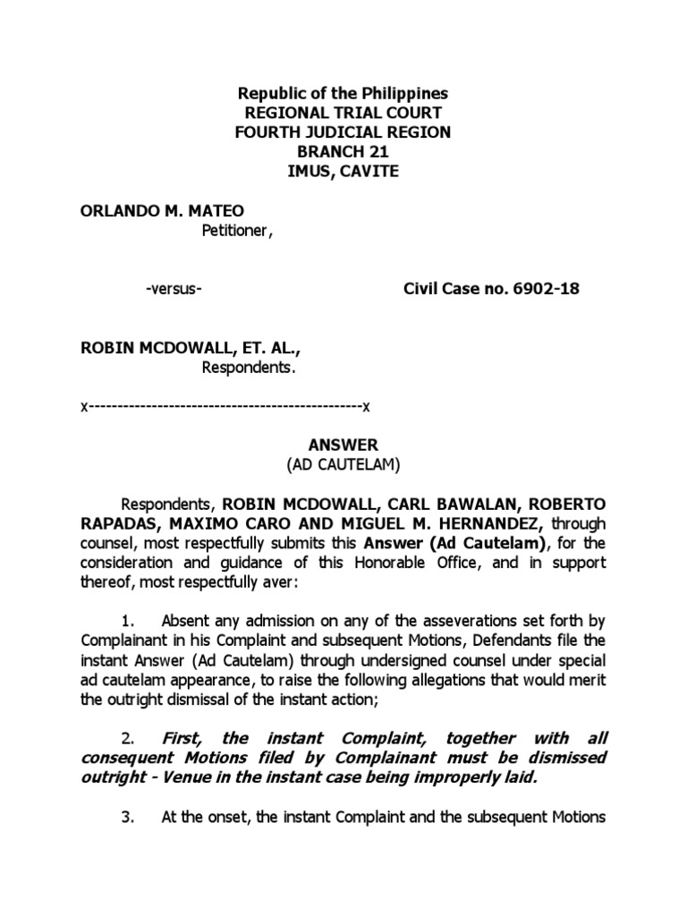 Answer Ad Cautelam | PDF | Lawsuit | Complaint