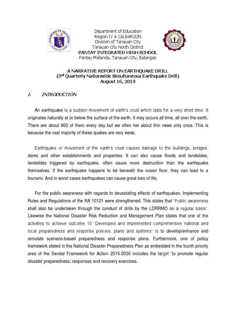 Pantay IHS - 3rd NSED 2019 Narrative Report | PDF | Earthquakes ...