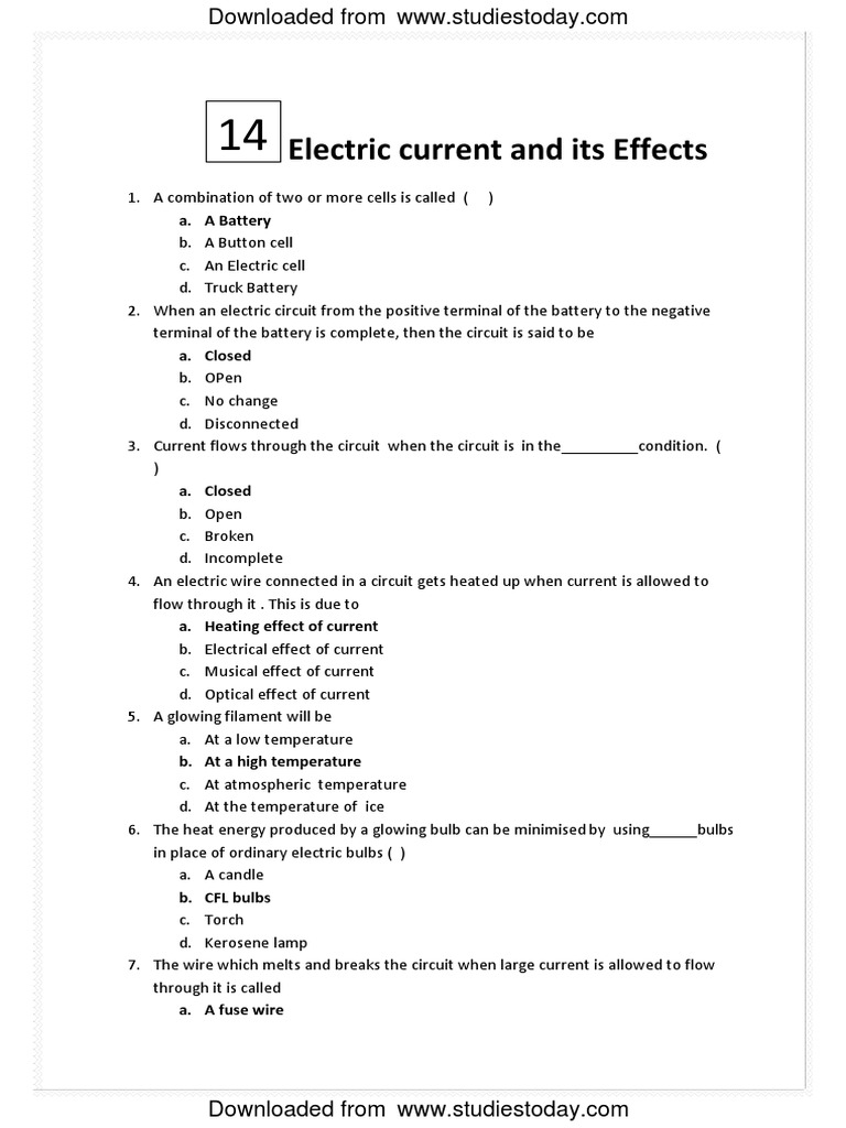 CBSE Class 7 Science MCQs-Electric Current and Its Effects | PDF ...