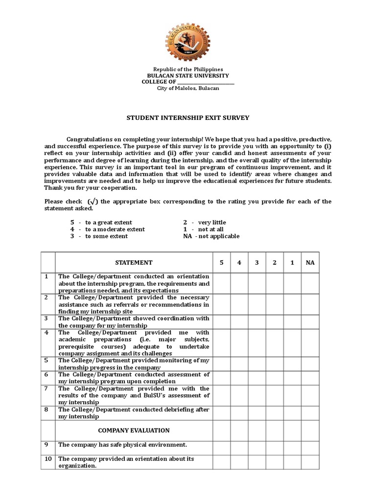 BulSU Student Internship Exit Survey | PDF | Internship | Job Hunting