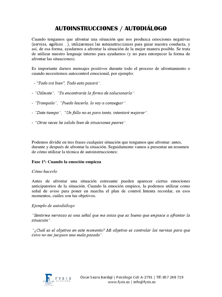 Guía para el uso de la técnica de autoinstrucciones y autodiálogo para ...